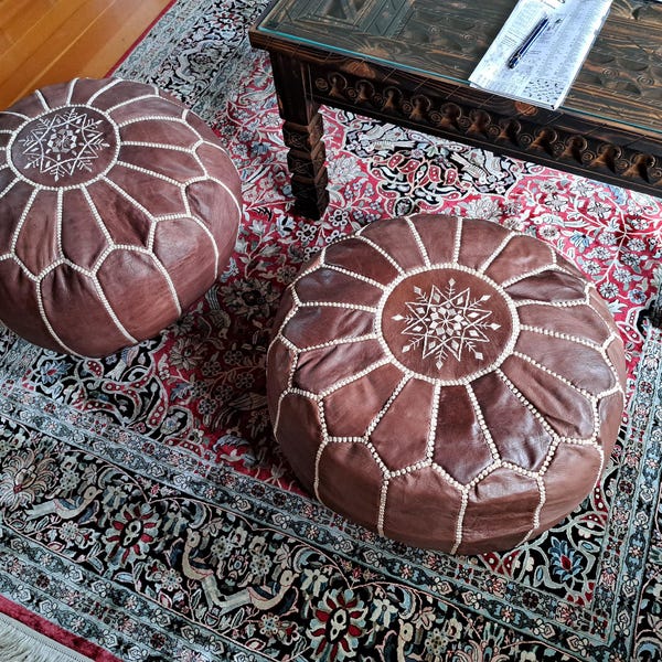 Moroccan POUF **70% OFF** With White Stitching Leather Pouf Ottoman ...