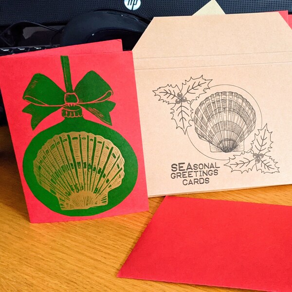 Sea Themed Christmas Tree, Hand Printed Christmas Card blank Inside on ...