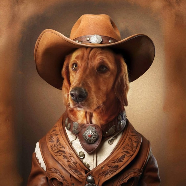 Custom 2 Pets Portrait, Cowboy Pet Portrait, Cat Cowboy Portrait ...