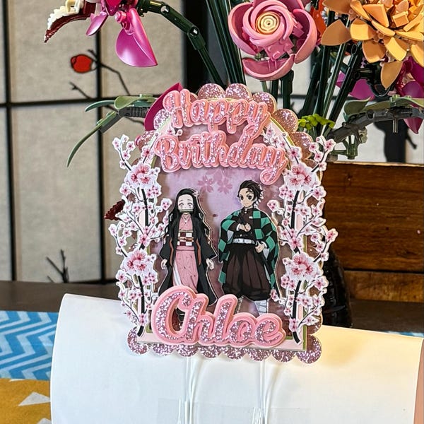 Nezuko and Tanjiro Cake Topper, Shaker With Sakura Flowers, Custom ...