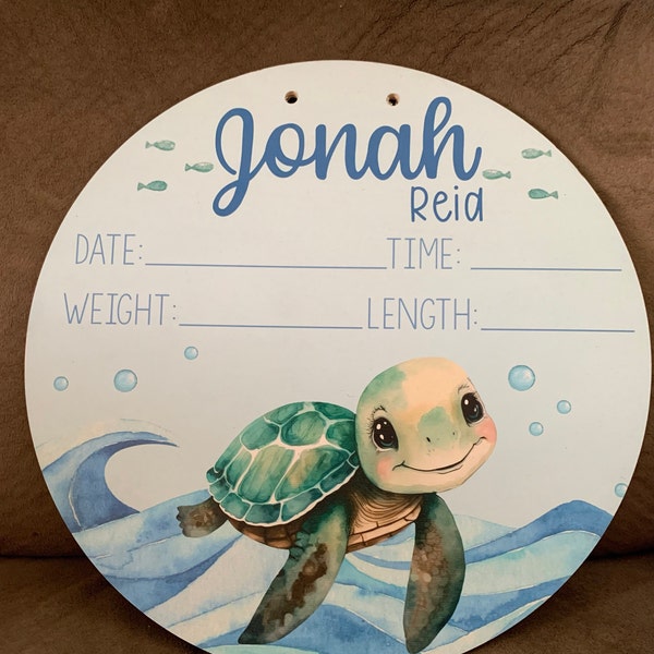 Turtle Birth Stat Sign, Ocean Birth Stat Sign, Round Wood Birth Stat ...
