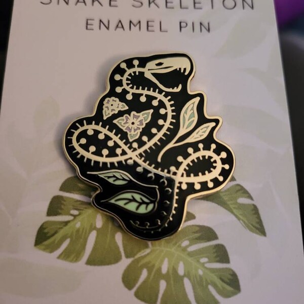 Snake Skeleton Hard Enamel Pin, Black and Gold Finish Floral Botanical ...