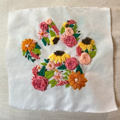 PDF Pattern Furry Friend Florals, Floral Paw Print Embroidery Pattern ...