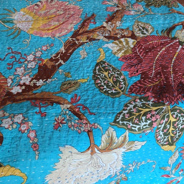 Handmade Floral Kantha Quilt, King Size Reversible Cotton Bedspread - Etsy