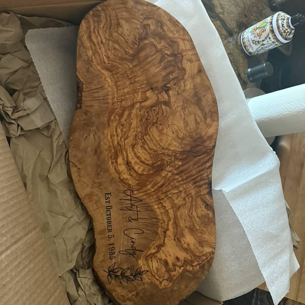 Olive Wood Personalized Cutting Board, Rustic Cheese Board, Live Edge ...