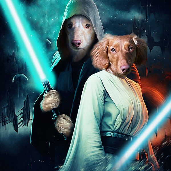 Personalized Jedi Couple Portrait, Custom Sci-fi Couple Art, Galaxy ...
