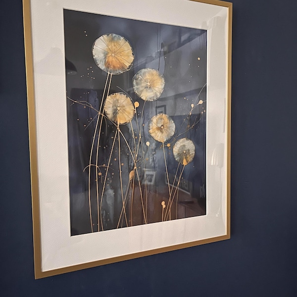 Navy Blue & Gold Dandelions Wall Art Print - Etsy