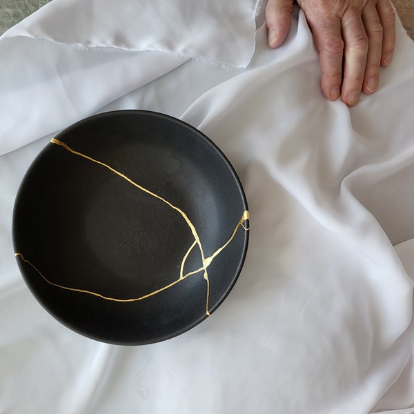 Kintsugi Bowl, Japanese Technique, Contemporary Wabi Sabi Blue Ceramic, Representation of ...