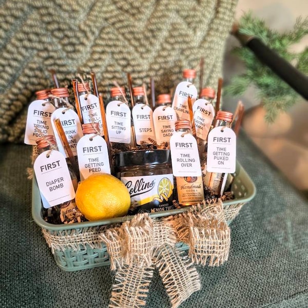 12pc Baby's First Milestones Mini Liquor Bottle Gift Tags - New Parent ...