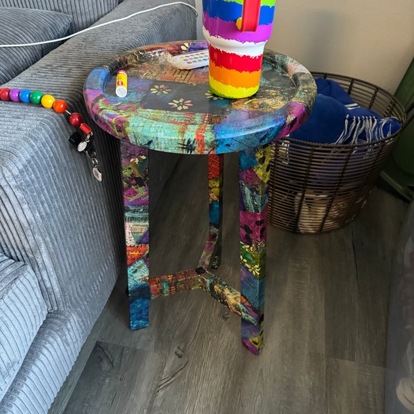 Boho Eclectic Side Table in Patchwork Collage Colorful Accent Table 20 ...