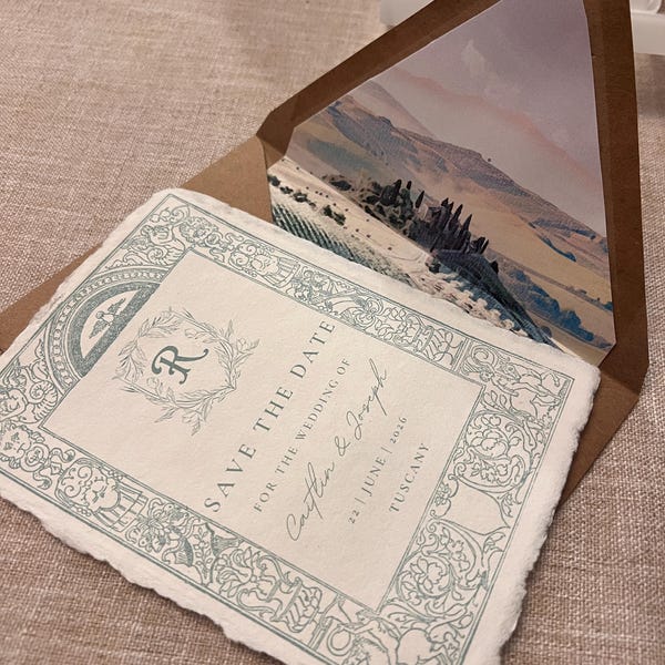Deckled Edge Paper Wedding Invitation Suite: Chiffon Ribbon & Wax Seals ...