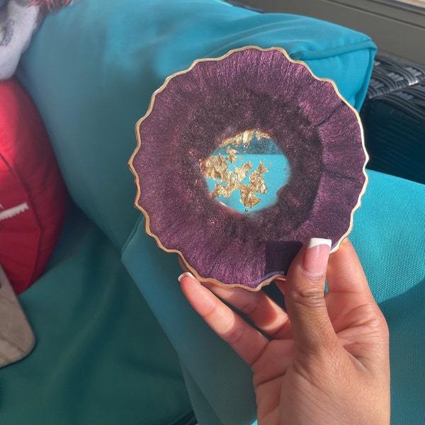 Deep Purple and Gold Resin Coaster Set, Large Coasters With Irregular ...