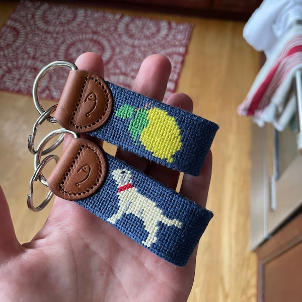 American Flag Needlepoint Keychain - Handmade Key Fob W/ Leather ...