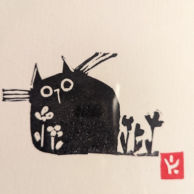 Garden Cat Block Print-small Linocut Handmade - Etsy