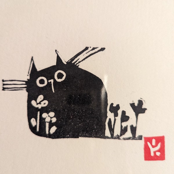 Garden Cat Block Print-small Linocut Handmade - Etsy