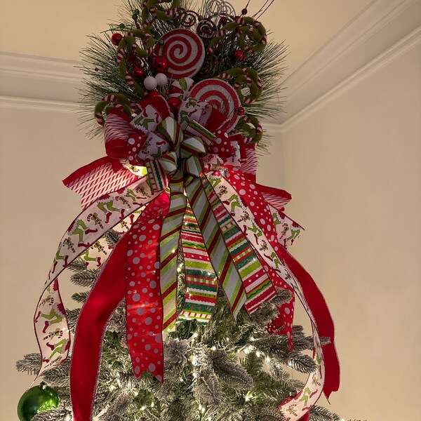 Grinch Inspired Tree Topper, Monster Head, Monster Ribbon, Christmas ...