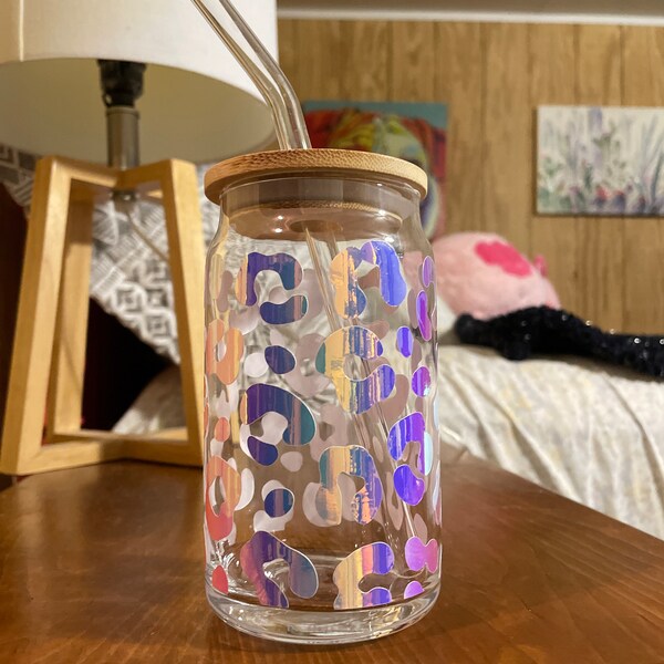 Leopard Print Iced Coffee Cup 16oz Glass Soda Can Reusable Cup With ...