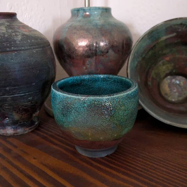 Bold Bright Orange & Metallic Turquoise Crackle Glaze Raku Fired ...