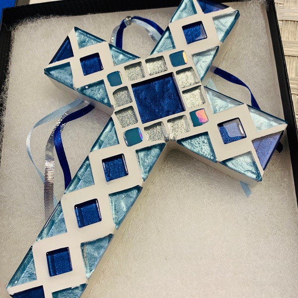 First Communion, Mosaic Wall Cross, Gray Blue, 9x6" Decorative Cross ...