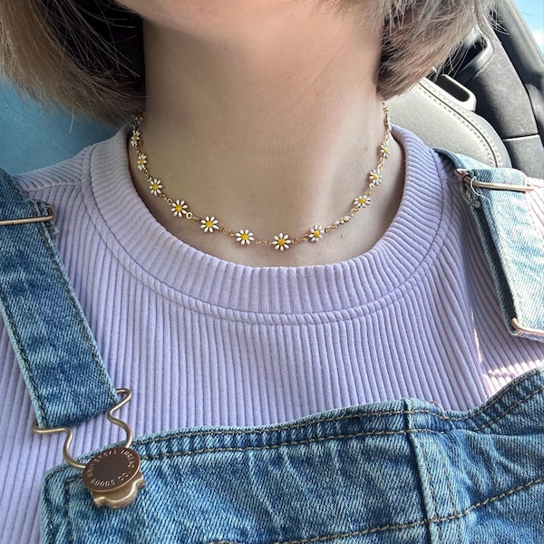 Minimalist Daisy Choker Necklace, Tiny Flower Chain Necklace, Daisy ...