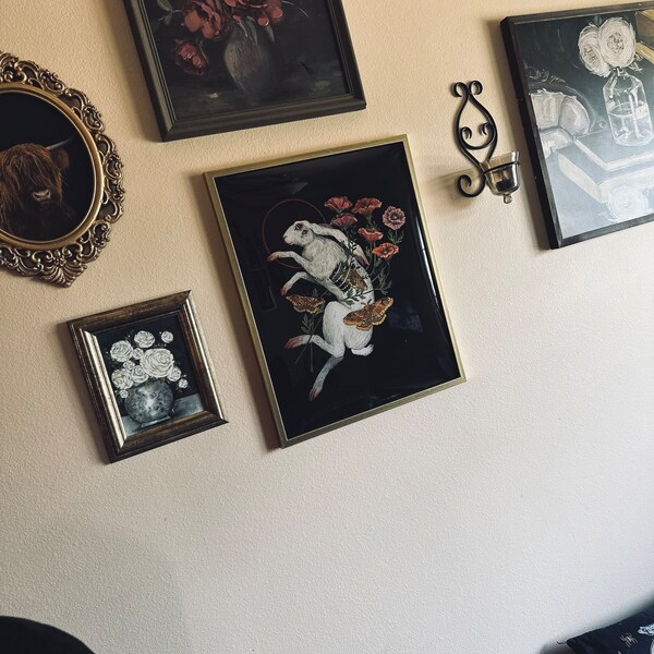 White Rabbit With Poppy Flowers- Giclee Print From Original Hand ...