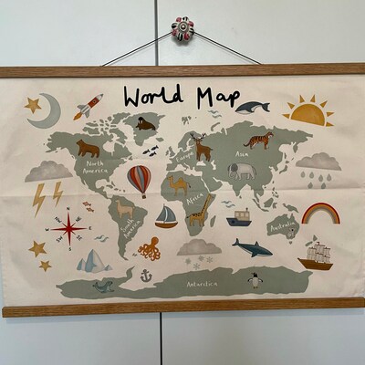 World Map Wall Hanging small, 100% Unbleached Organic Cotton World Map ...