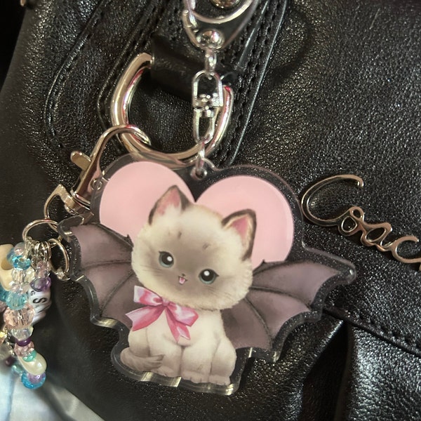 Creepy Cute Keychain Bat Cat | Retro Kitsch Oddity Art on Acrylic Charm ...