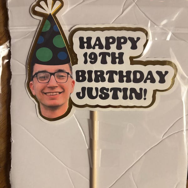 Customizable Birthday Cake Topper With Image of Person in Party Hat ...