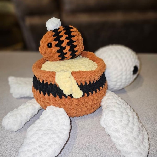 Bumble Bee Honey Pot Turtle Crochet Plushie - Size Medium - Cute Yellow ...
