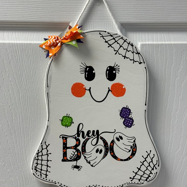 Halloween GHOST Hey Boo SIGN Pumpkin Wall Art Door Plaque Holiday ...
