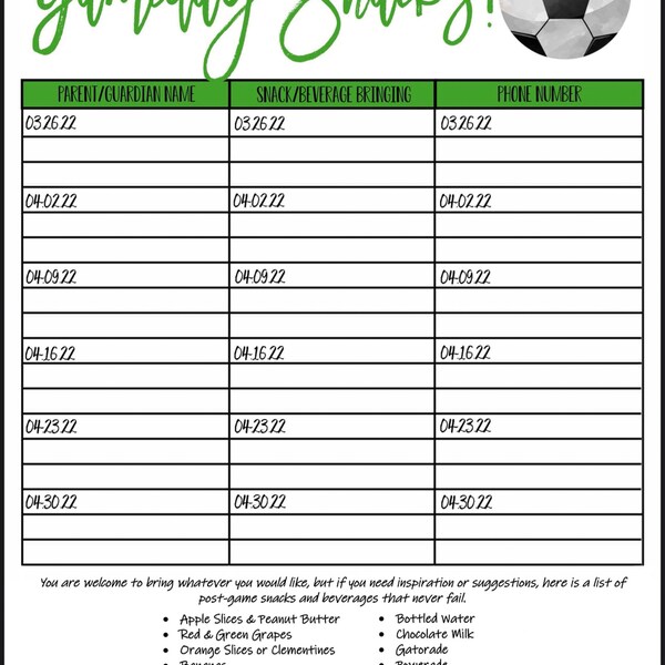 EDITABLE Soccer Snack Volunteer Sheet, Soccer Printable, Snack Sign up ...