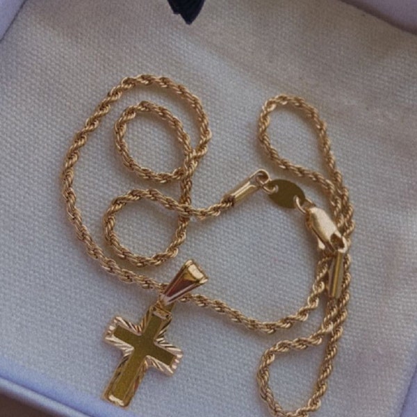 18K Baby Cross Necklace,rope Chain With Cross,kids Gold Cross Necklace ...