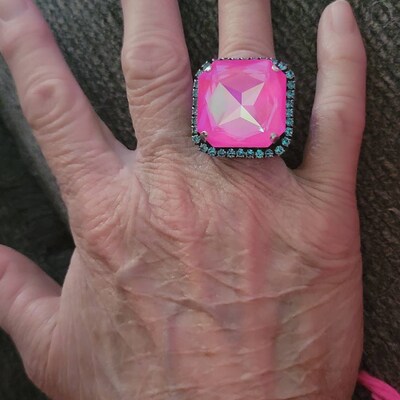 Lotus Pink Delite Czech Crystal Oval Statement Ring Huge Pink - Etsy