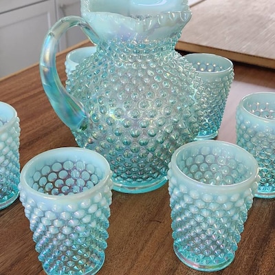 Fenton Blue Opalescent Glass Hobnail Pitcher With 6 Glasses - Etsy