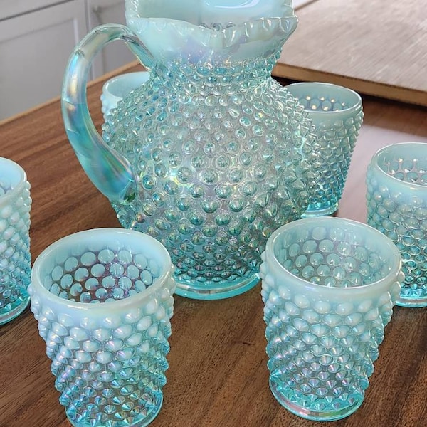 Fenton Blue Opalescent Glass Hobnail Pitcher With 6 Glasses - Etsy