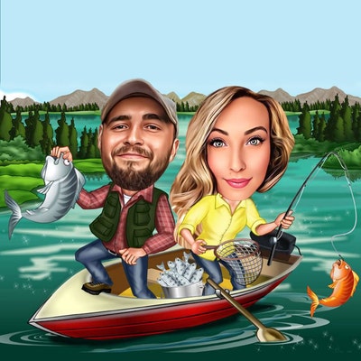 Customized Cartoon Fishing Couple, Custom Catch Fish Figure, Fisherman ...