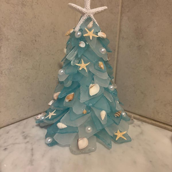 SEAGLASS TREE With Lights, Aqua and White Sea Glass Tree, Seashell ...