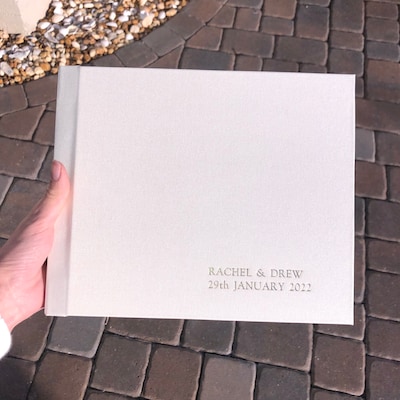 Champagne Linen Lay Flat Guest Book Gold Lettering Gold Emboss Deluxe ...