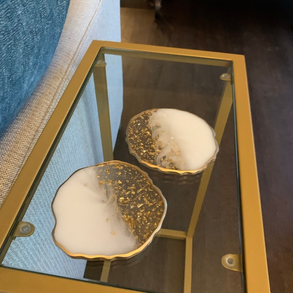 Resin Coaster Set- White and Gold Flake Resin Marble Geode Coasters ...