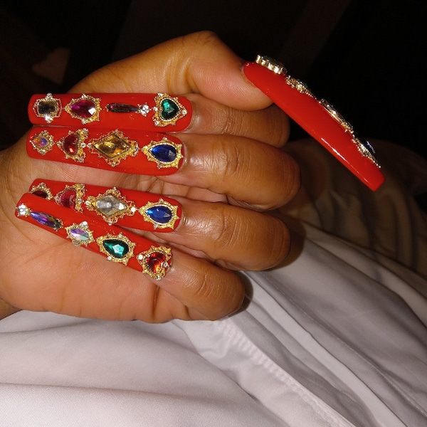 Red BLING Glam Out - XXXL Square Gel Press on Nails| Reusable Nails ...