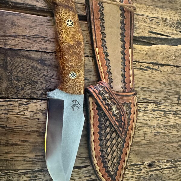 Custom EDC Knife With Scout Carry Leather Sheath, Stainless Steel Fixed ...