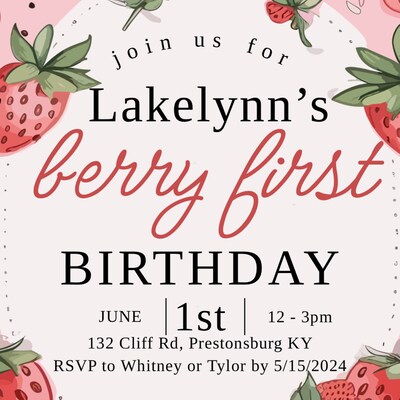 Berry First Birthday Invite, Strawberry Birthday Invitation for Girls ...