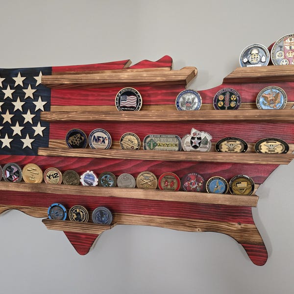 Rustic American Usaflag Challenge Coin Display, Wooden Flag, Military ...