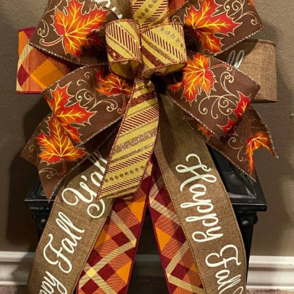 Fall Bow, Happy Fall Y’all Bow, Pumpkin Bow, Leaf Bow, Orange Bow, Fall ...