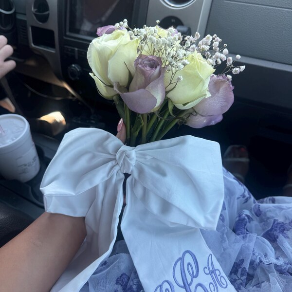 Hoco Custom Pink Toile Embroidered Bouquet Wrap Sash Bow Prom Bouquet ...