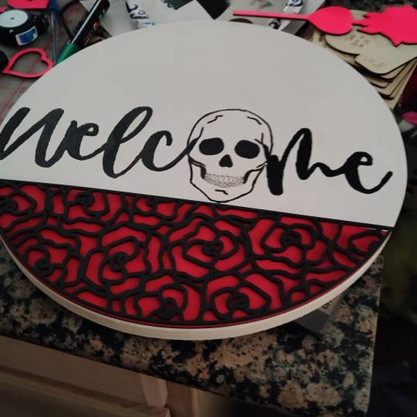 Welcome SVG With Skull and Roses for Halloween Door Hanger SVG With ...