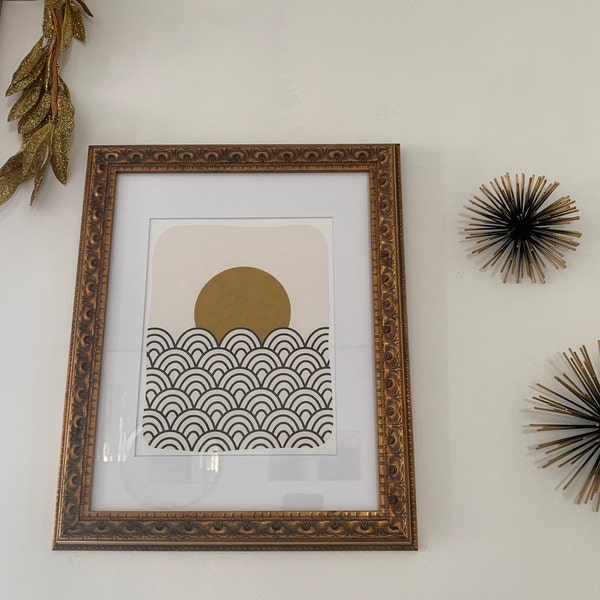 Waves & Sun Art Print - Black Ochre | Sun Art | Modern Art | Minimalist ...