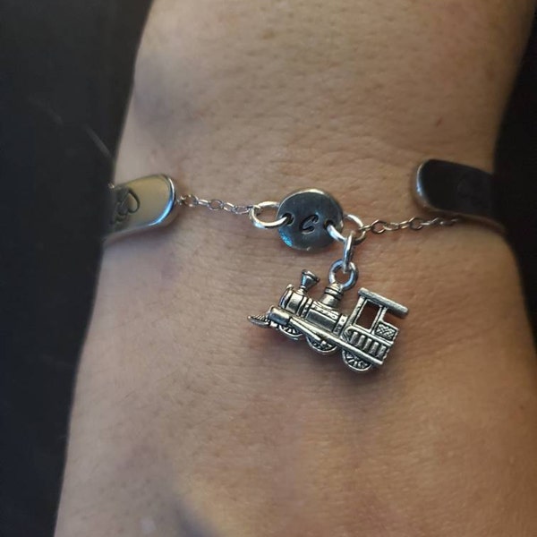 Steam Train Charm Bracelet, Steam Engine, Antique Silver, Initial ...