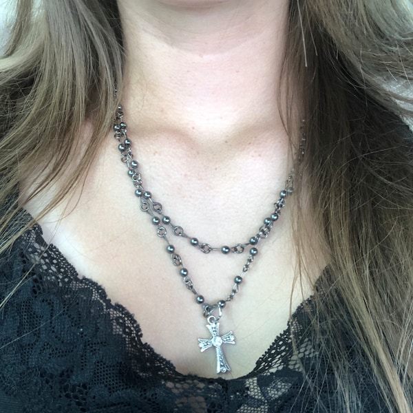 Rosary Style Double Strand Beaded Cross Necklace - Stylish Goth Double ...