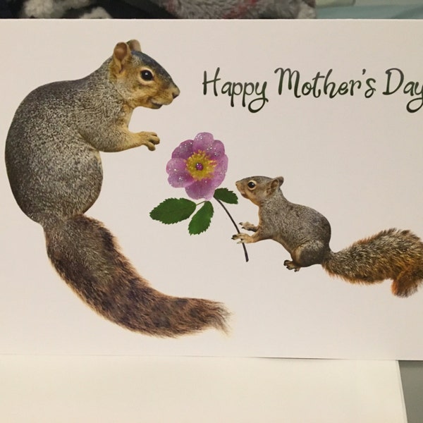 Baby Squirrel With Glittered Rose Happy Mother's Day Card, Squirrel ...